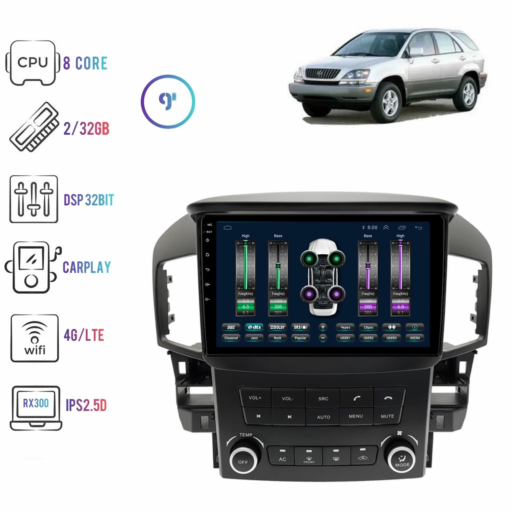 Магнитола для Lexus RX 300 XU10 1997 - 2003 MFB на Андроиде 2+32Gb+8ядер+DSP+CarPlay+4G SIM+IPS2.5D