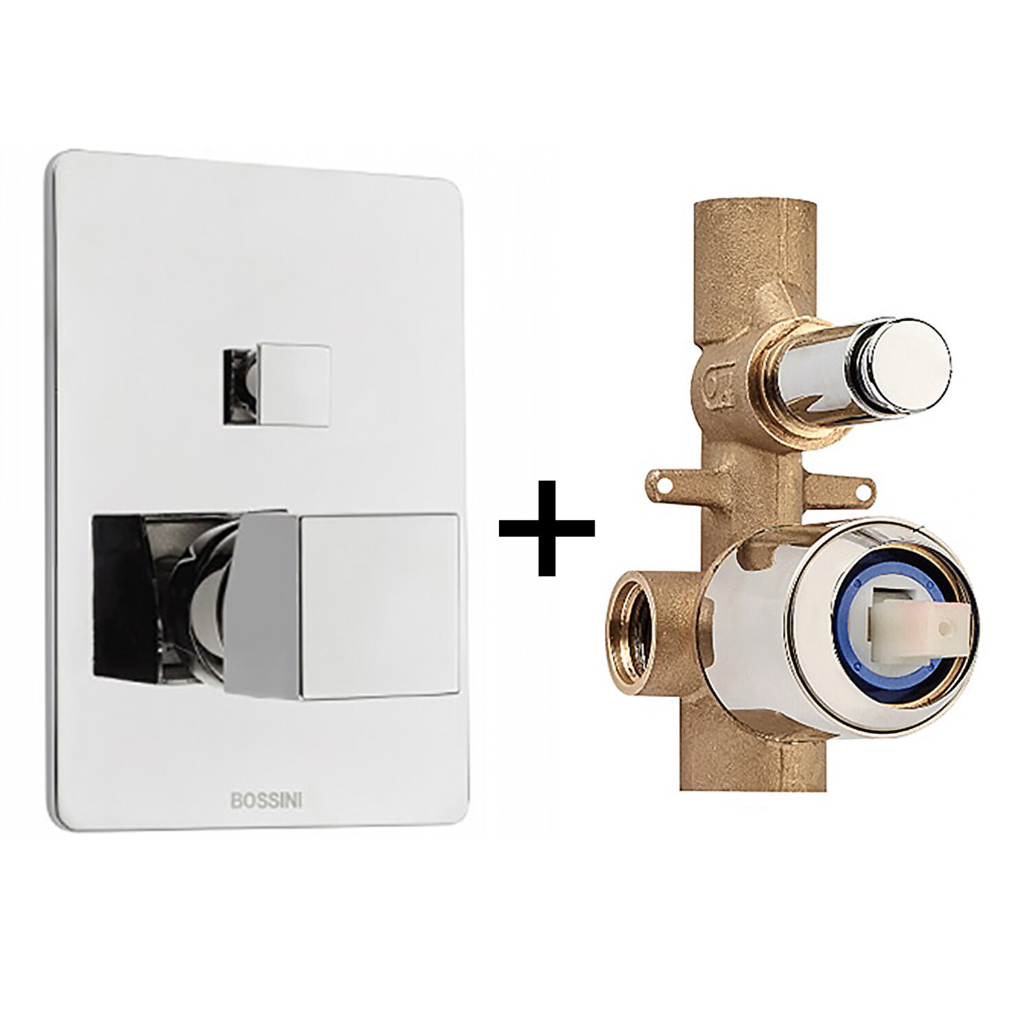 Комплект Bossini CUBE Смеситель для душа, встраиваемый, 2 выхода, внешняя часть, хром + Встраиваемая часть смесителя с девиатором 2 направления (Z00063.030+Z00005)