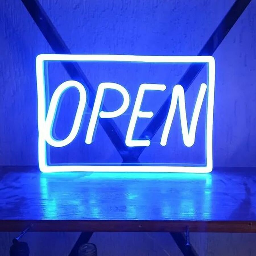 Неоновая вывеска Elmarto Open (Открыто), 30х20 см, синяя