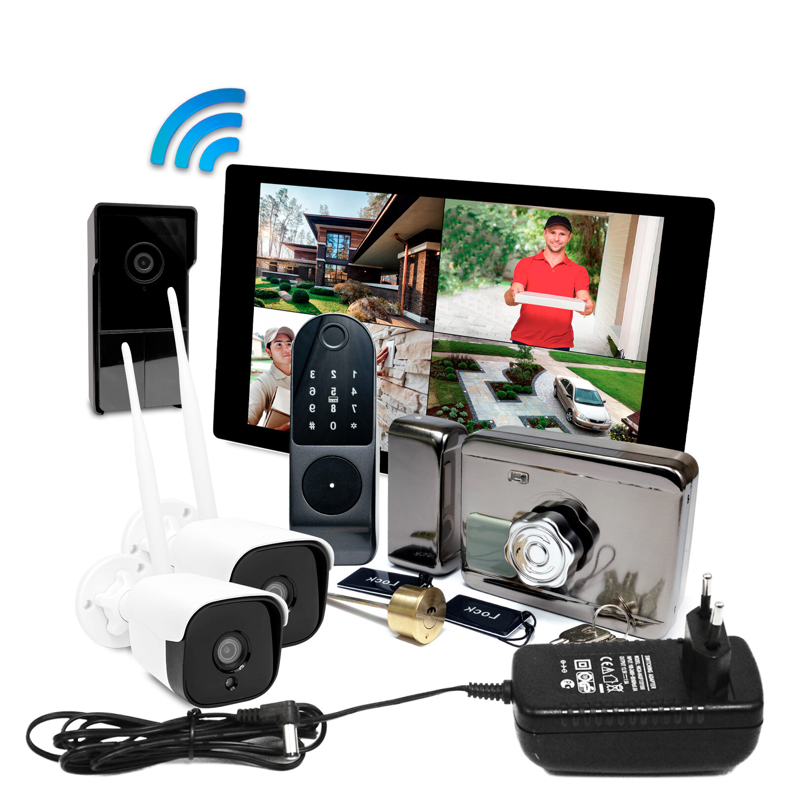 Радиоканальный видеодомофон с 2 камерами и замком - Sky Net 1000 (1+2+SL-812) (E2026EU): HD Wi-Fi монитор 10 дюймов, вызывная панель, замок с биометр