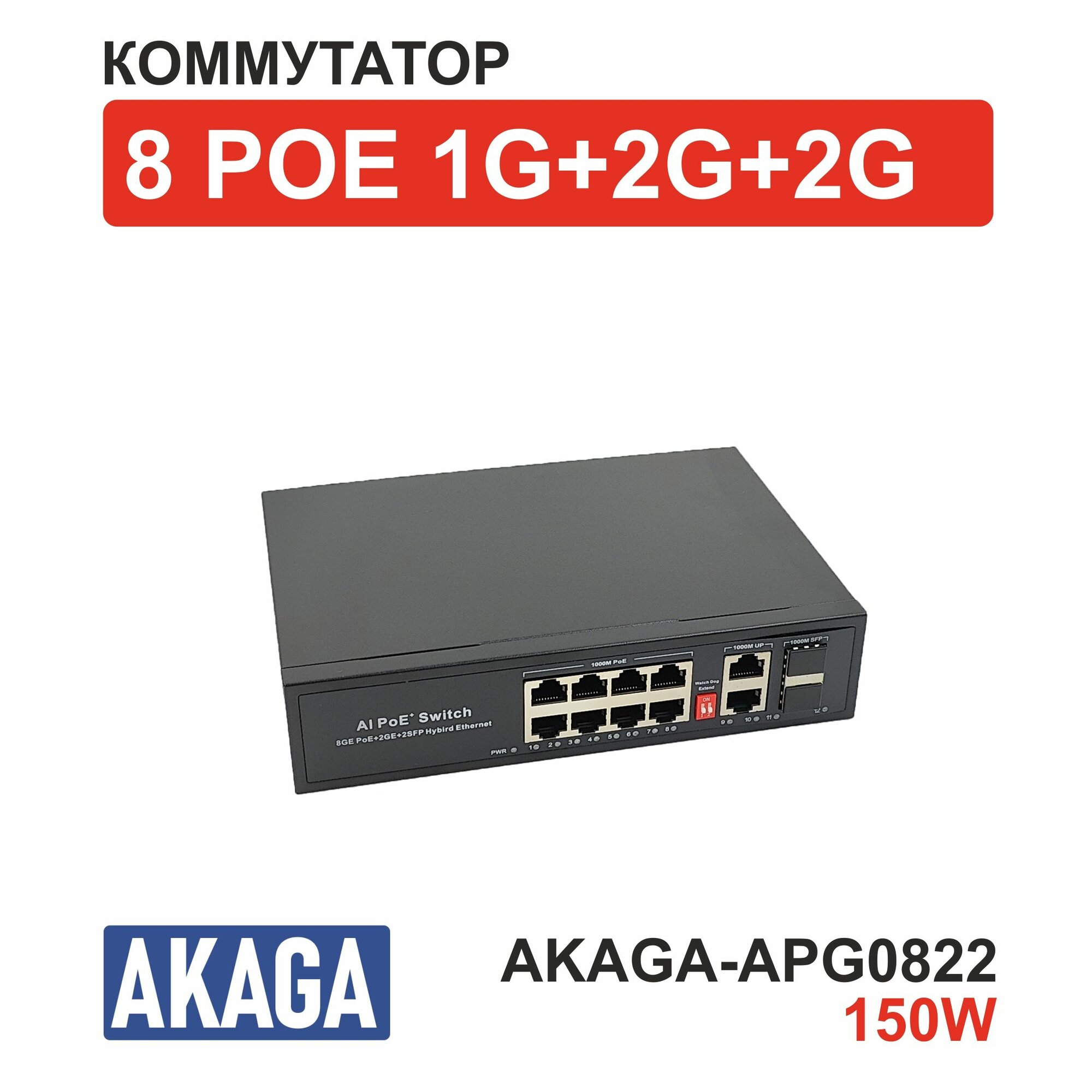 Коммутатор POE 8 портов AKAGA-APG0822. 150W. (10/1000M)+2 uplink GIGABIT+2 SFP GIGABIT
