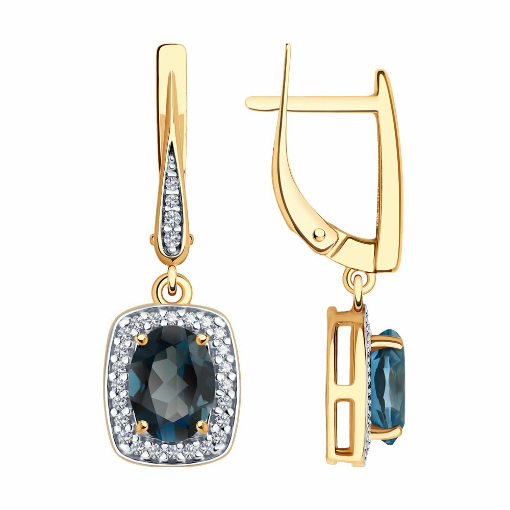 Серьги, серебро, 925 проба, золочение, топаз, фианит