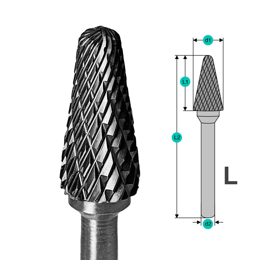 Бор-фреза твердосплавная по металлу коническая с закругленным концом, тип L 12x28x6 мм TORGWIN T369526