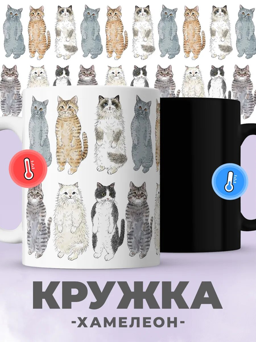 Кружка от jojomojo хамелеон с принтом котики, для чая, кофе, 330мл, керамическая