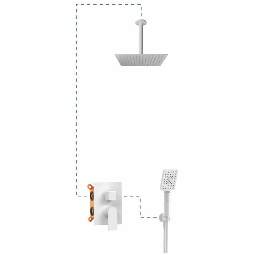 Душевой комплект AQG (акуг) Alpha, на 2 потребителя, с квадратным верхним душем 25х25 см и потолочным кронштейном 20 см, белый матовый, 19ALPEC21803