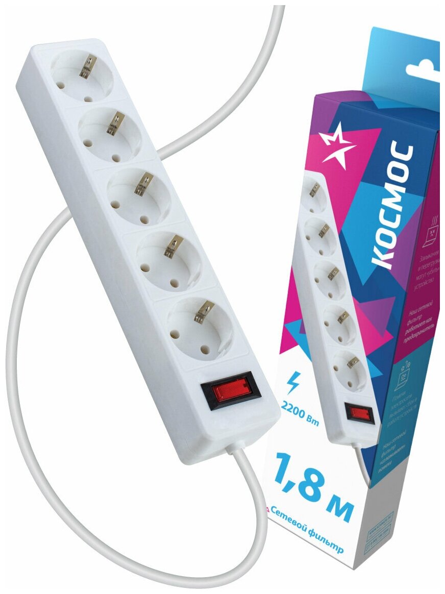Удлинитель космос "FKsm1.8m-5g", сетевой фильтр, заземление, световая индикация, белый