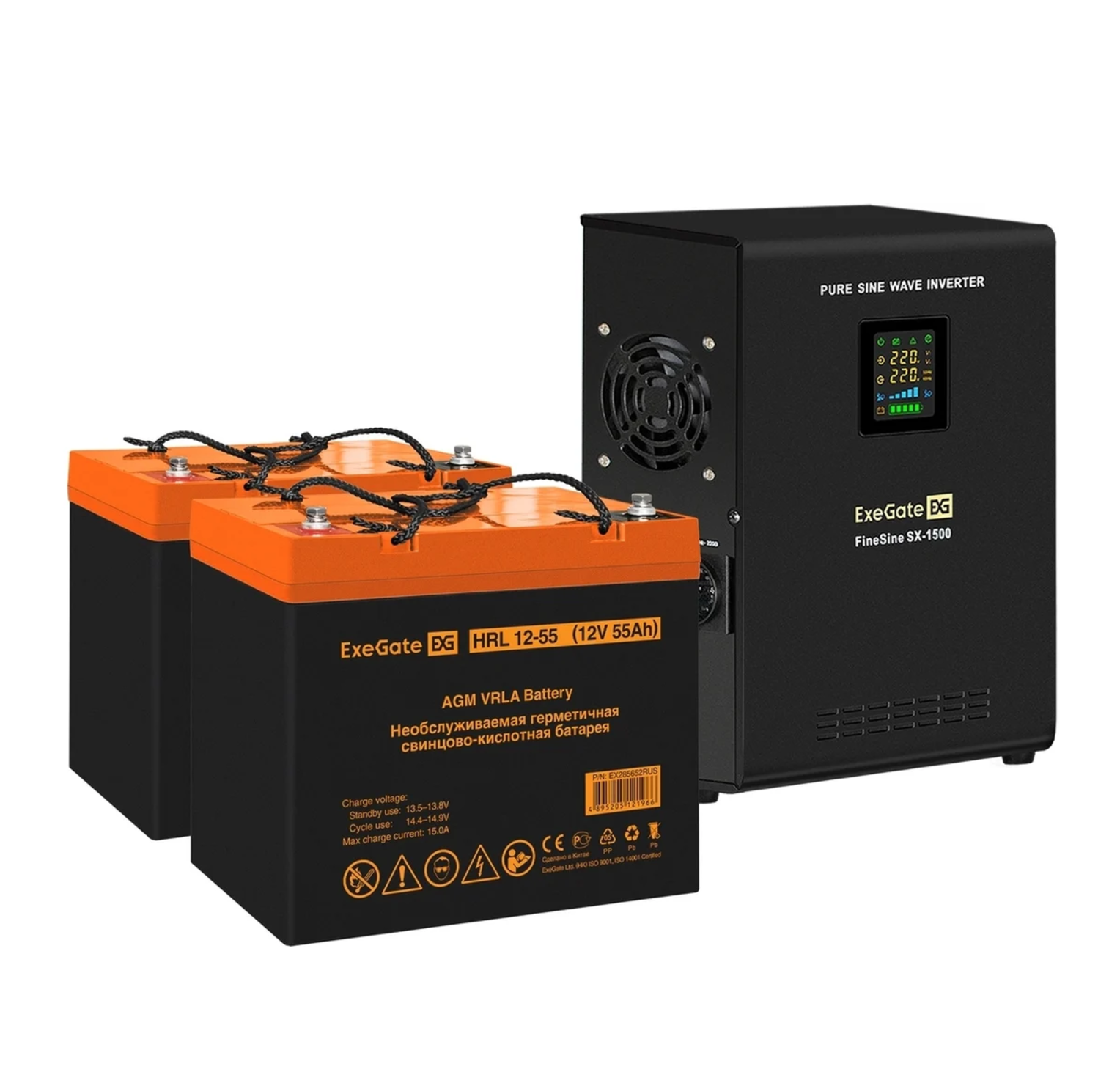 Комплект ИБП EX296002RUS + батарея 55Aч EX285652RUS 2шт (инвертор, синус, для котла, настенный) ExeGate FineSine SX-2500. LCD. AVR.2SH