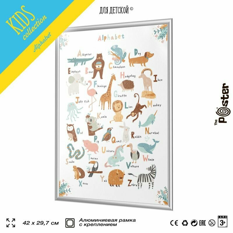 Постер обучающий, Английский алфавит, для начальной школы, в раме, А3 (420х297 мм), постер плакат