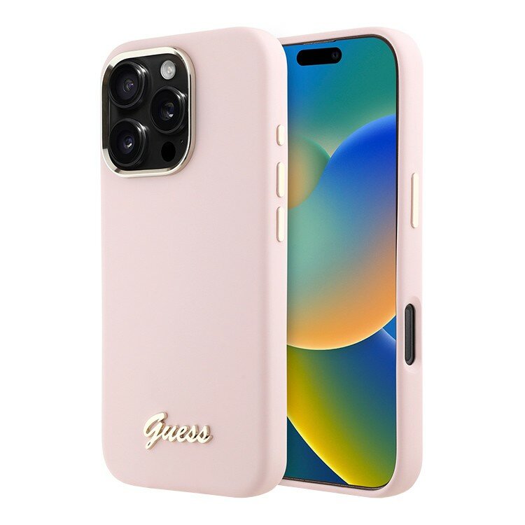 Guess силиконовый чехол для iPhone 16 Pro Max, Liquid silicone Gold metal logo & Camera frame, розовый