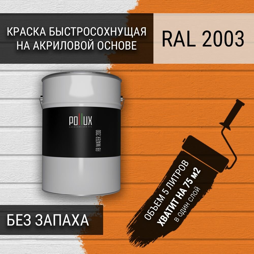 Краска акриловая полуматовая для стен быстросохнущая без запаха / для наружных и внутренних работ / укрывная, цвет пастельно-оранжевый (RAL2003) 5L