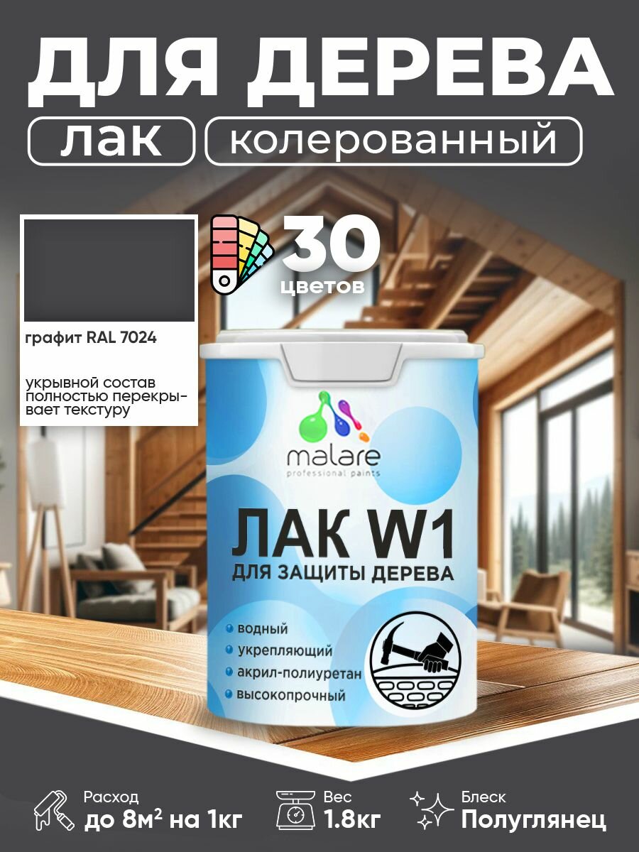 Лак колерованный укрывной для дерева Malare W1 для деревянных и минеральных поверхностей, моющийся без запаха быстросохнущий, полуглянцевый RAL 7024 графит, 1.8 кг.