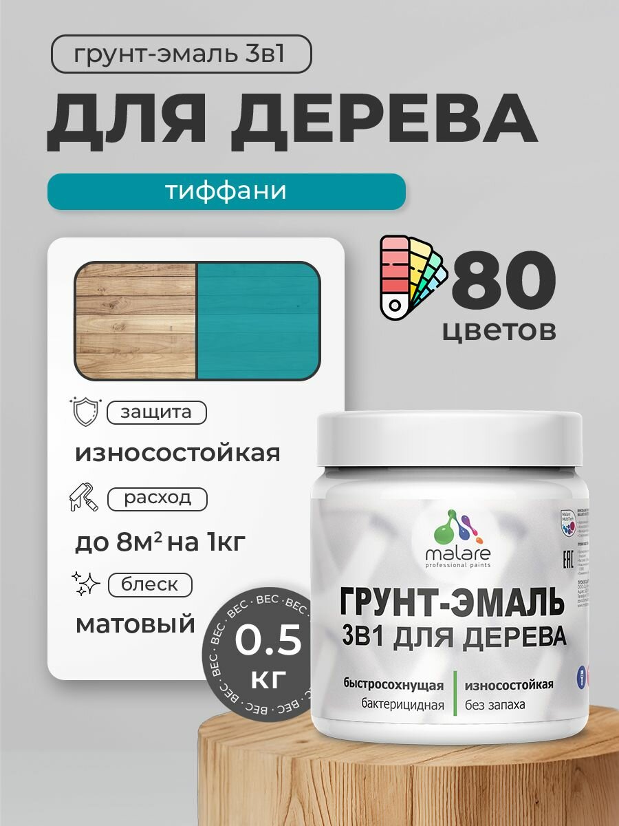 Акриловая Грунт-Эмаль 3 в 1 Malare для деревянных поверхностей/ краска по дереву с антисептическим эффектом/ быстросохнущая моющаяся без запаха матовая, тиффани, 0.5 кг