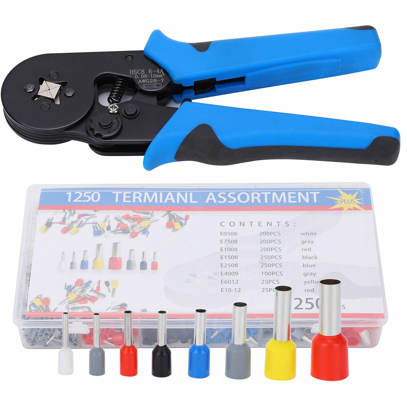 1250 шт, набор Termianl, наконечник с изолированным концом провода с плоскогубцами, набор инструментов для электрического обжима, синяя и черная ручка