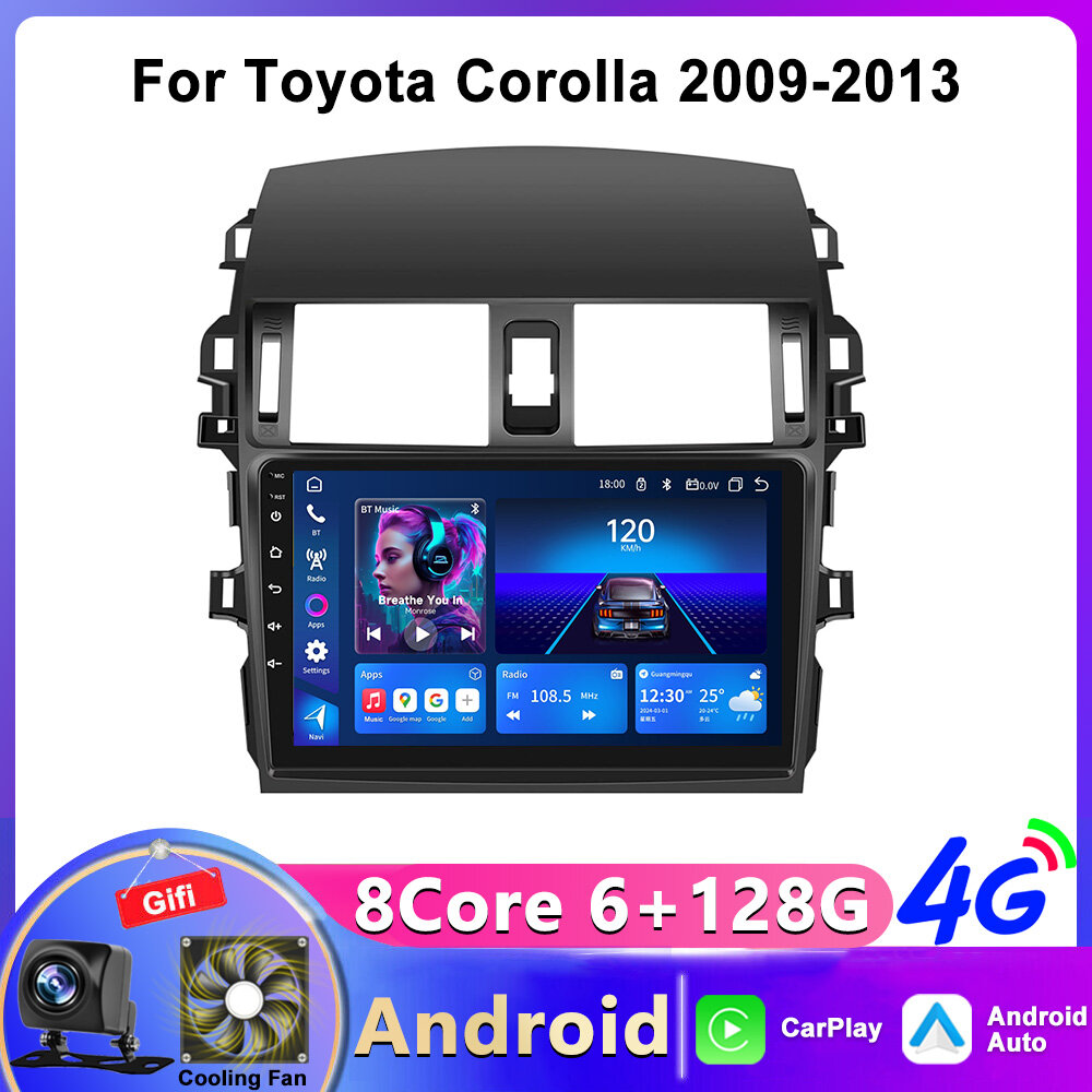 Штатная магнитола Toyota Corolla 2006-2013, Android(8 ядер 6/128 GB, Кулер вентилятор, DSP) Магнитола Тойота Королла E140 E150