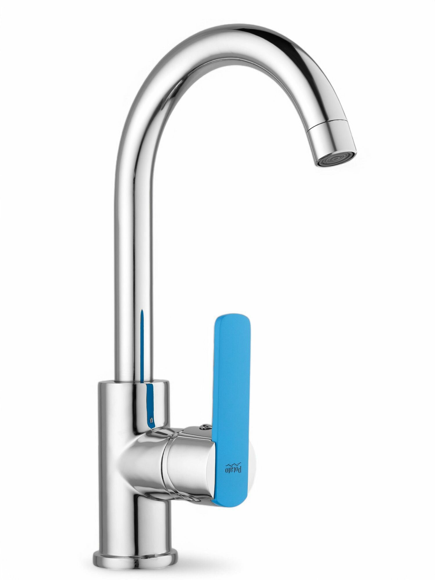 Смеситель для кухни с высоким поворотным изливом и дизайнерской синей ручкой, хром