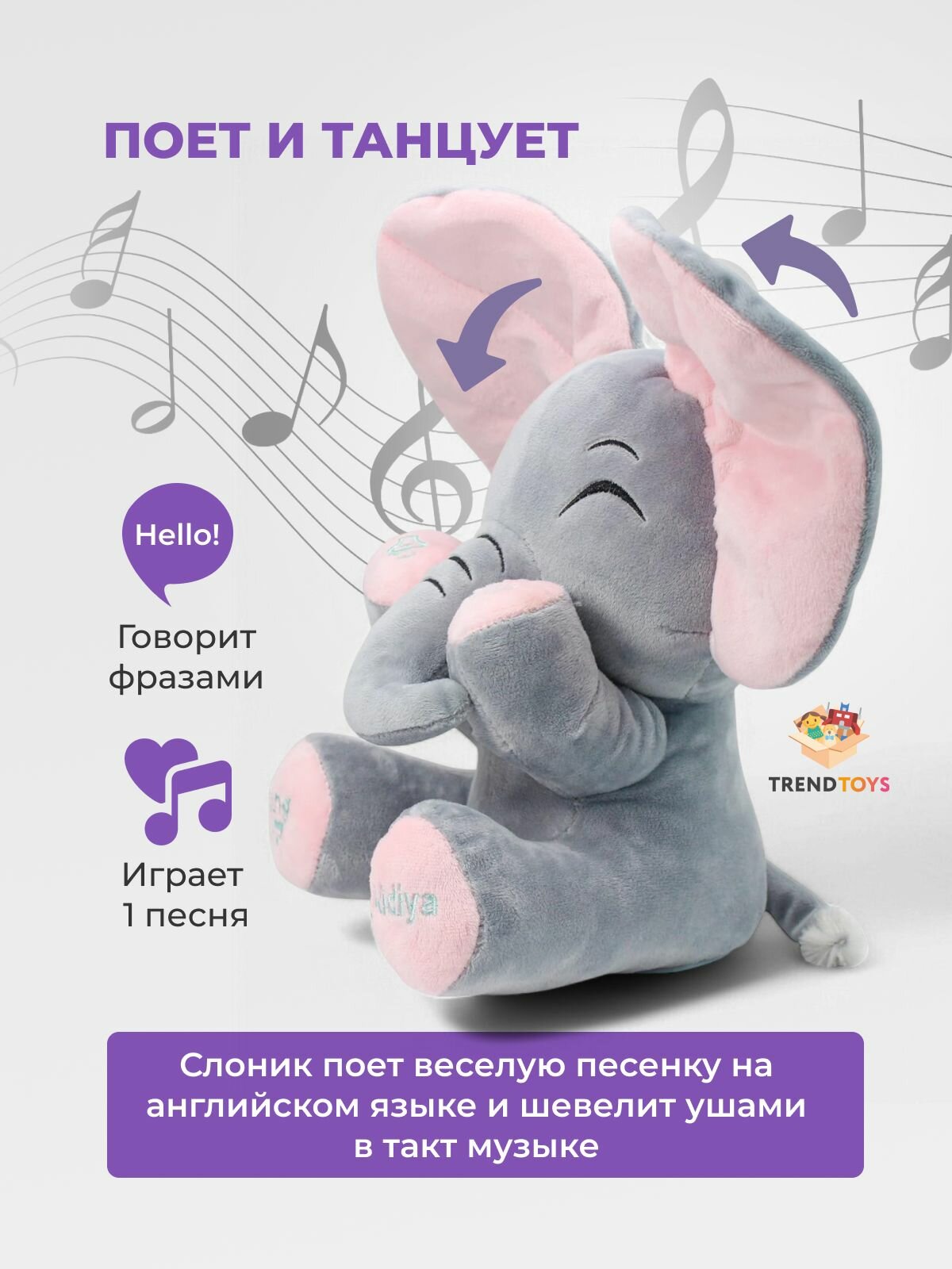Интерактивная игрушка "Плюшевый слоник", голубая, текстильная, с звуковыми эффектами — фото 1
