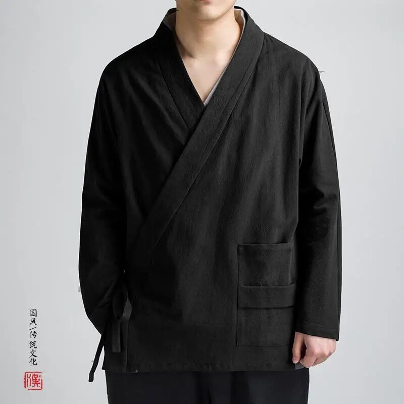 Черное льняное кимоно Hanfu мужское XL