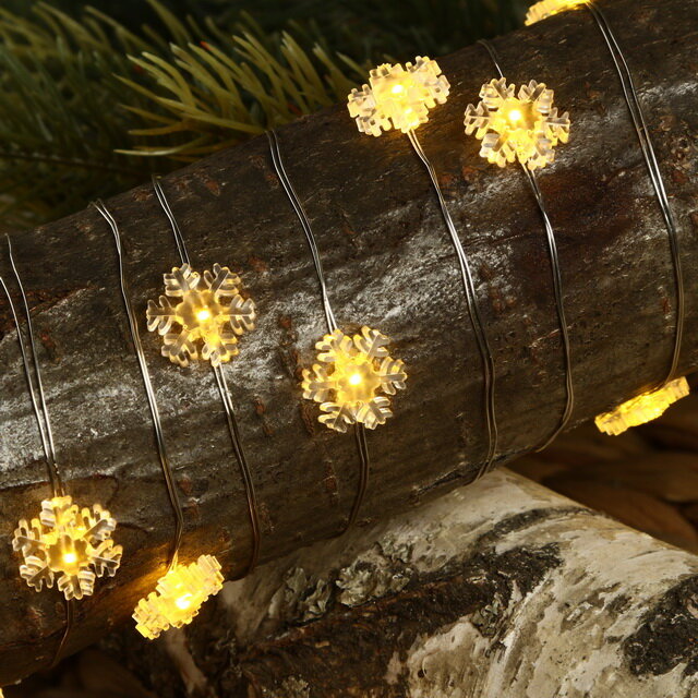 Светодиодная гирлянда Снежинки на батарейках 2.9 м, 30 теплых белых мини LED ламп, серебряная проволока, IP20, Edelman, 87414
