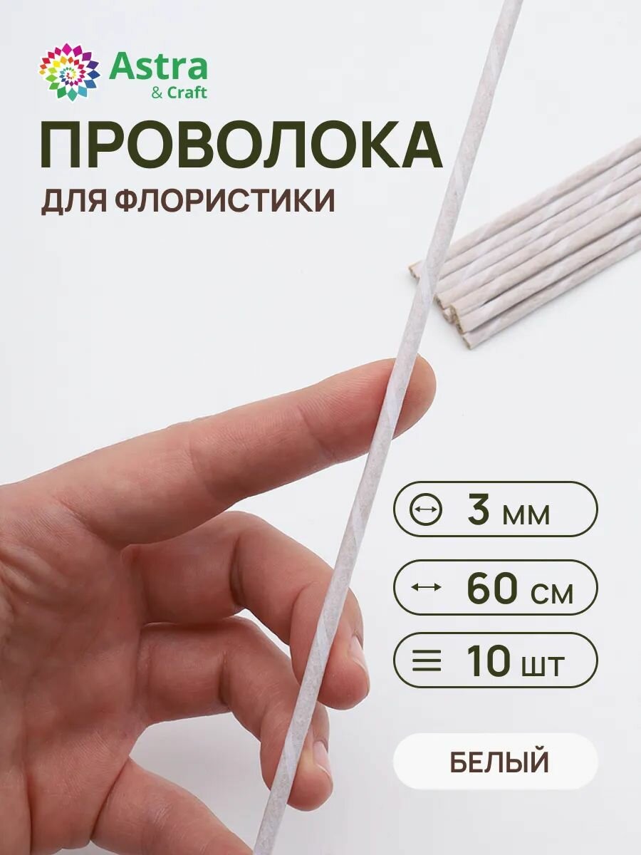 Проволока флористическая белая 3 мм*60 см, 10 шт, в бумажной оплетке, Astra&Craft