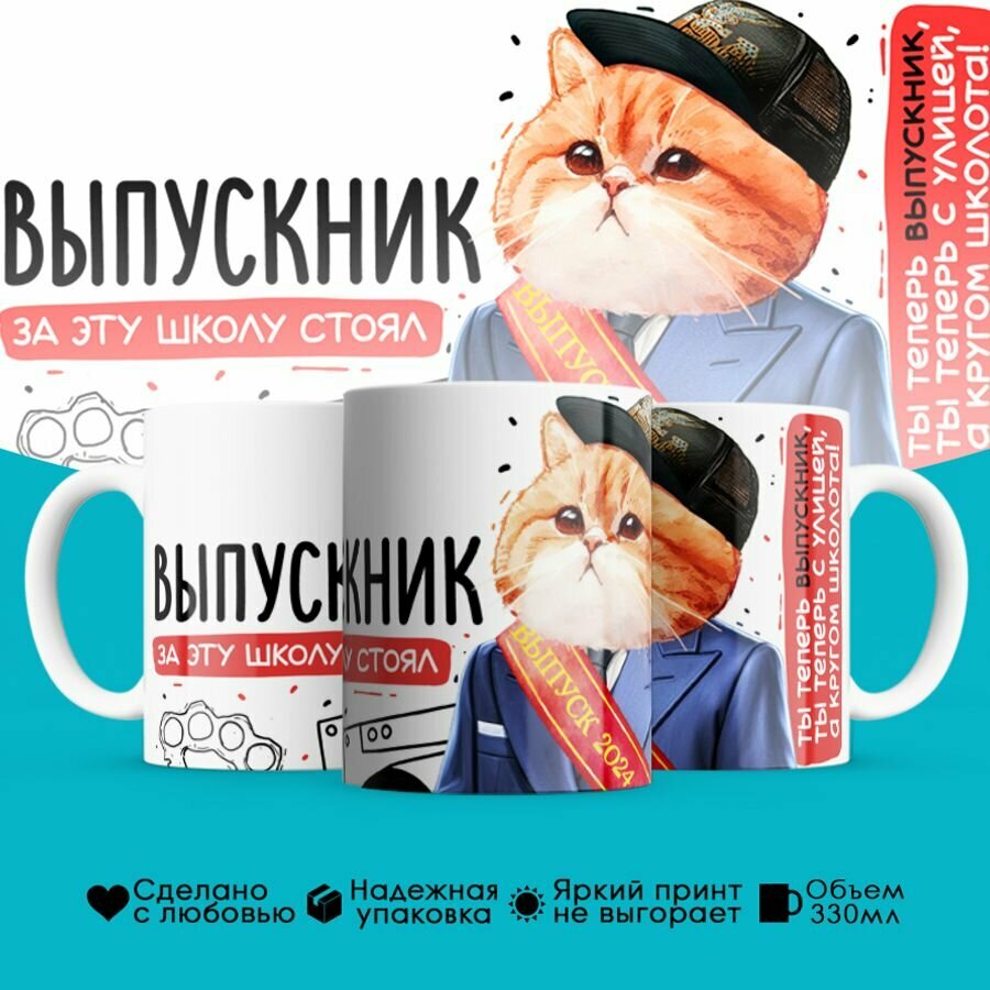 Керамическая кружка PDS Studio, 330ml Выпускник. За эту школу стоял. Ты теперь выпускник, ты теперь с улицей, а кругом школота!