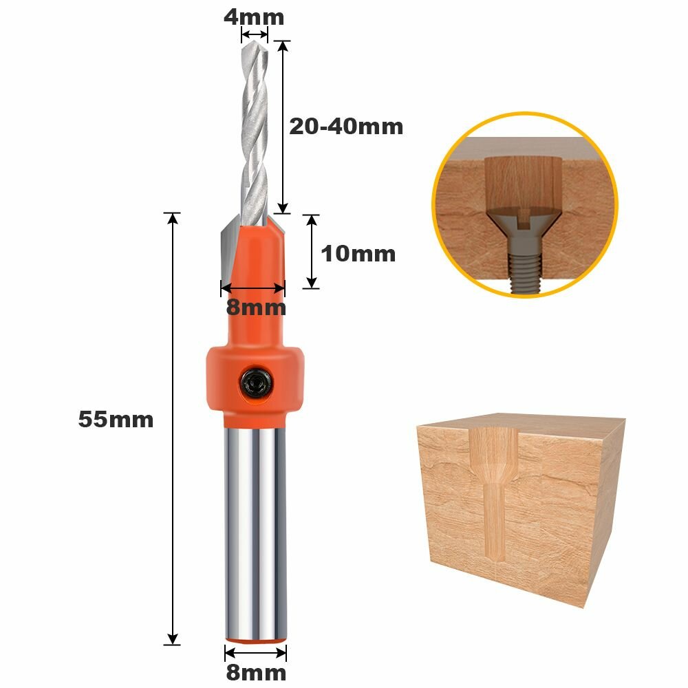 Сверло с зенкером по дереву XCAN 8х4х(20-40)х55 мм