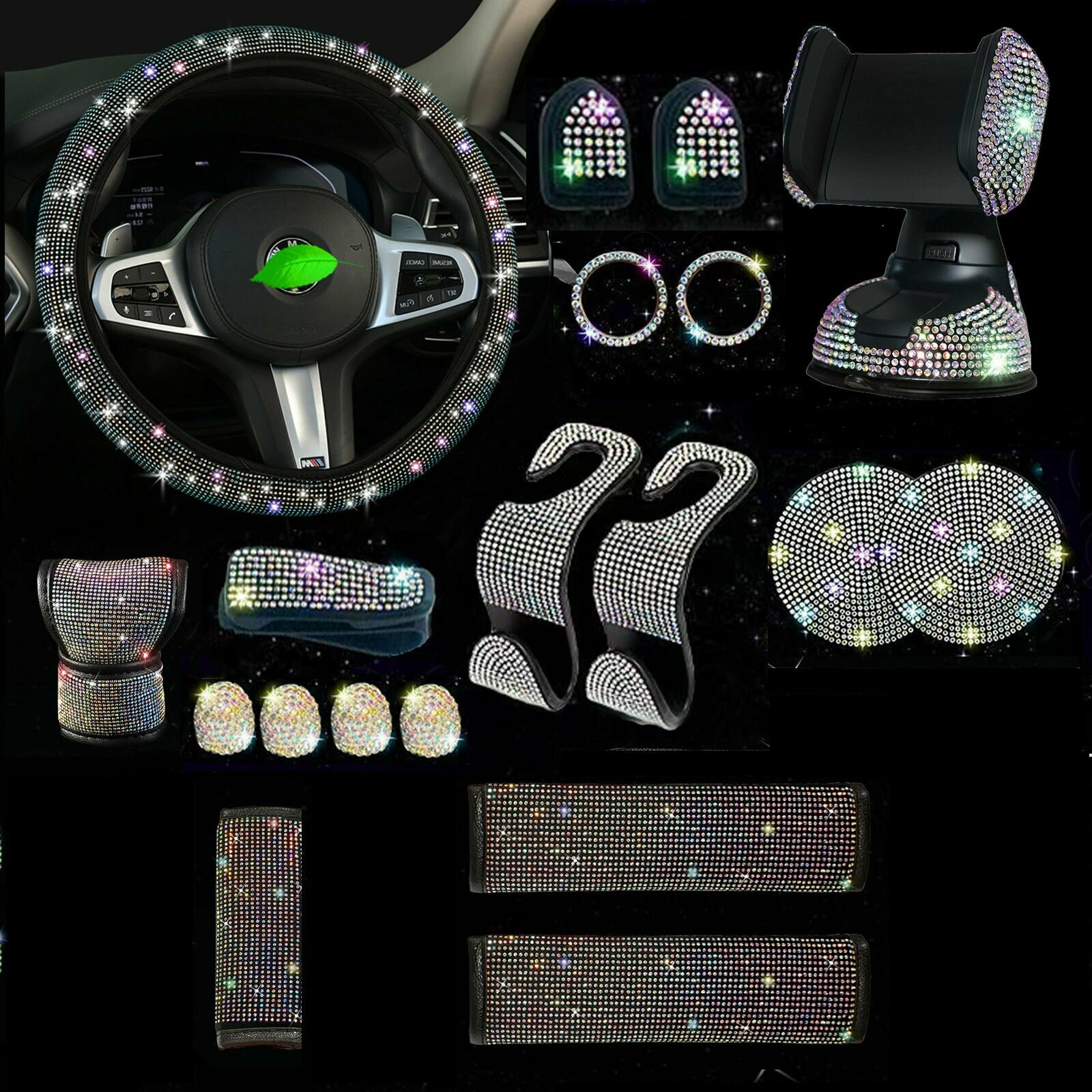 Оплетка на руль 38 см, чехол на руль автомобиля, Универсальный автомобильный набор со стразами,19 шт.