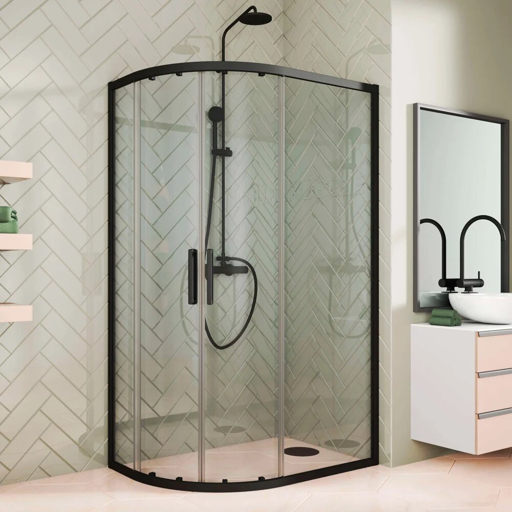 Душевой уголок Kubele DE018 RBG-CLN-BLMT без поддона, стеклянный, черный, 100x80, асимметричный, раздвижной