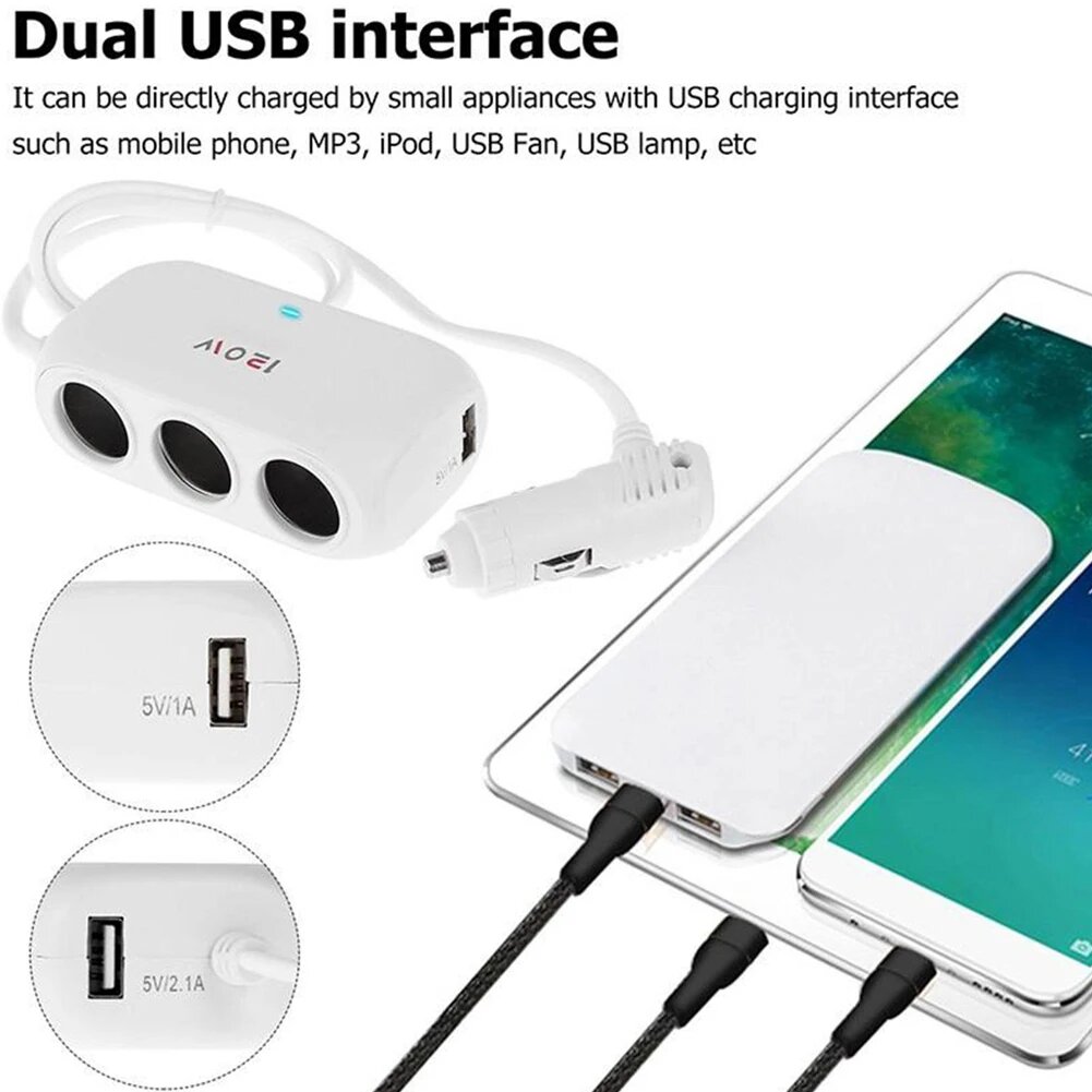 120 Вт автомобильный прикуриватель, 3 розетки, USB-зарядное устройство, двойной USB-разветвитель прикуривателя, зарядное устройство для телефона Android, планшета, Черный