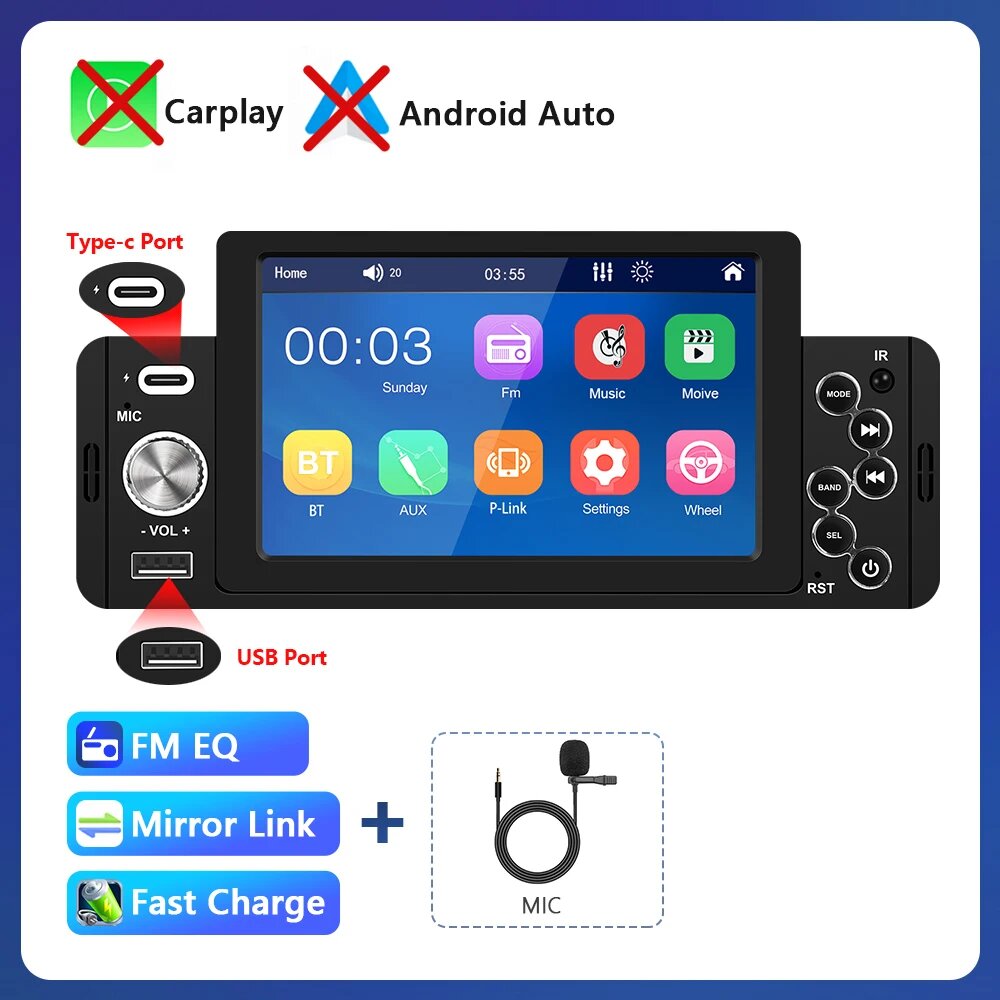 Podofo 5-дюймовый автомобильный радиоприемник 1Din CarPlay Android Auto мультимедийный плеер Bluetooth MirrorLink FM-приемник для Volkswagen Nissan Toyota, New No Carply Radio