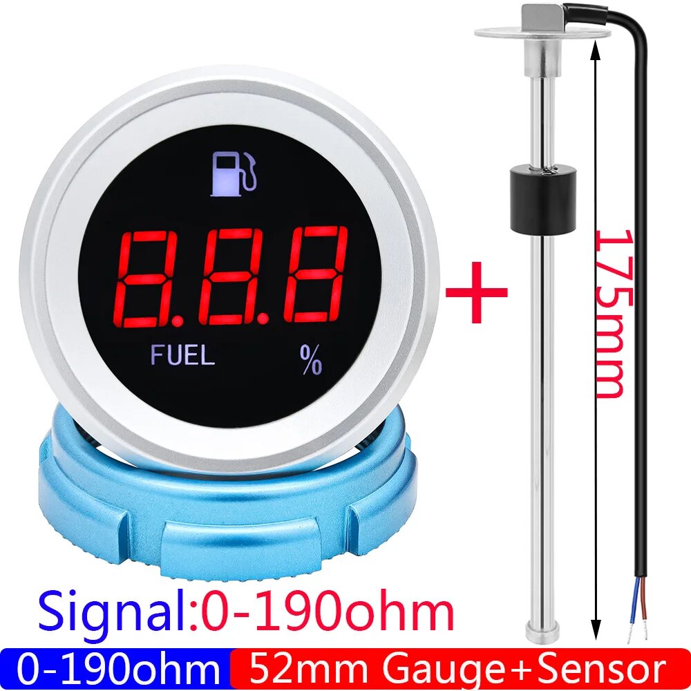A5 0-190 Ом Датчик уровня топлива + Датчик уровня топлива 52 мм Цифровой индикатор уровня масляного бака со вспышкой сигнализации для автомобиля Лодка 12 В 24 В на заказ, 175mm