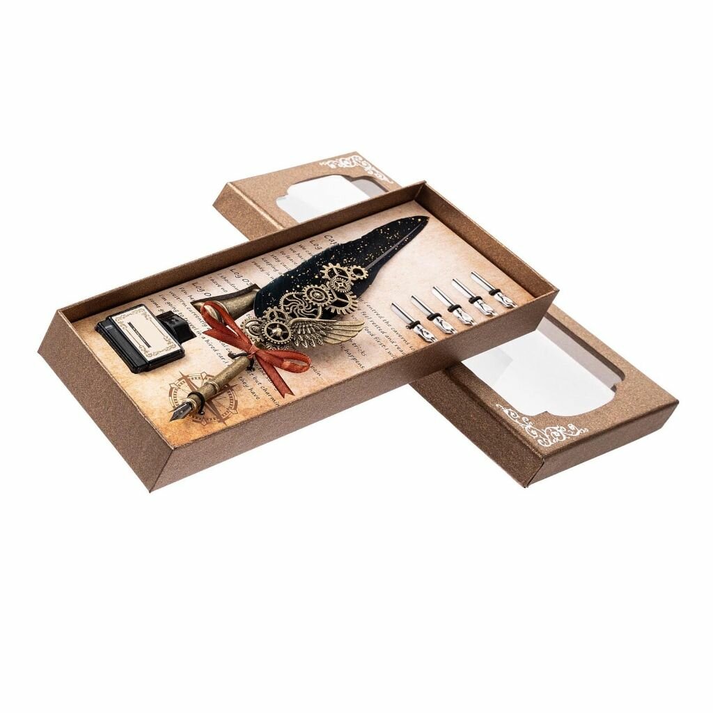 Перо-ручка с чернилами и перо из пера