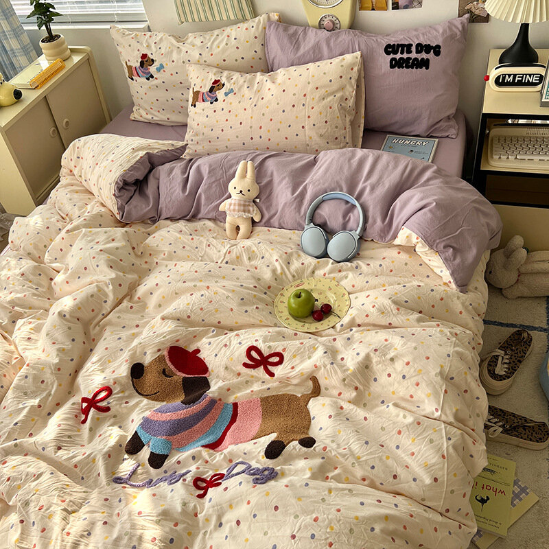 Комплект постельного белья из четырех предметов, вышитый на полотенце из хлопка класса А, новый стиль 2025 года, в горошек с рисунком из мультфильмов, простыня для учениц, пододеяльник, постельное белье,200*230cm