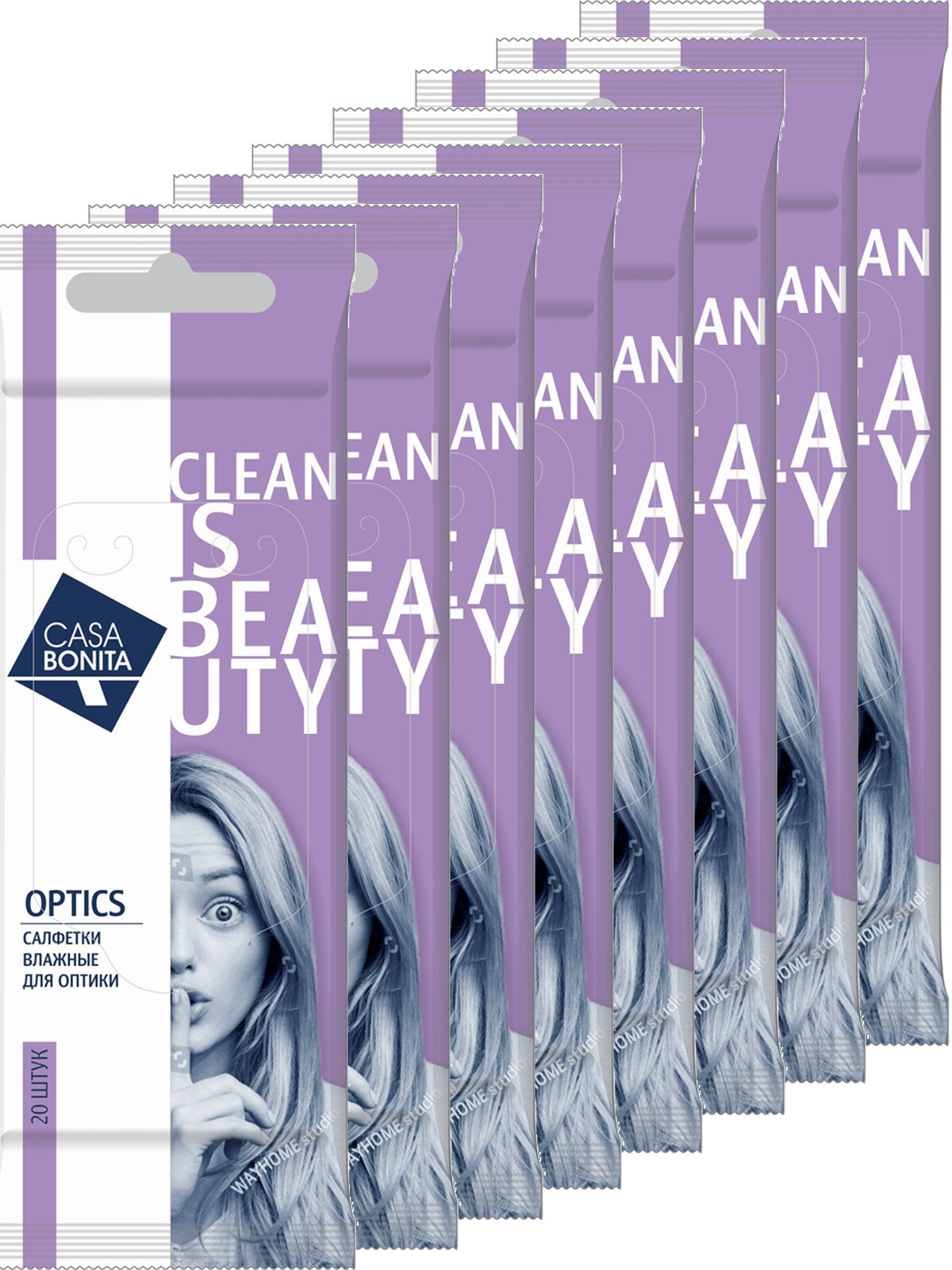 Влажные салфетки Casa Bonita для ухода за очками и оптикой, 20 салф. х 8 шт