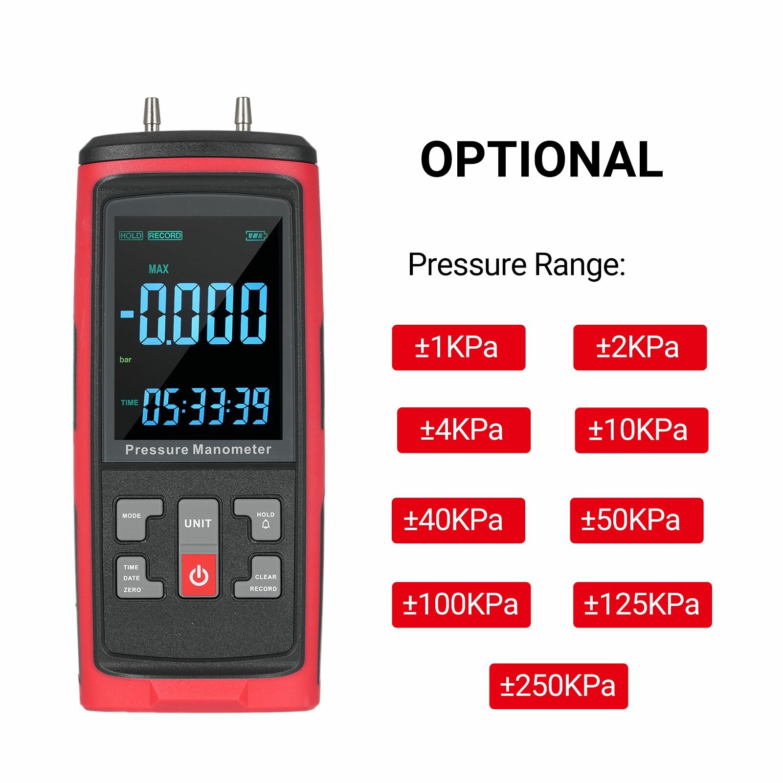 Цифровой двухпортовый манометр GT5101, тестер давления газа и воздуха с 13 единицами измерения, большой ЖК-дисплей