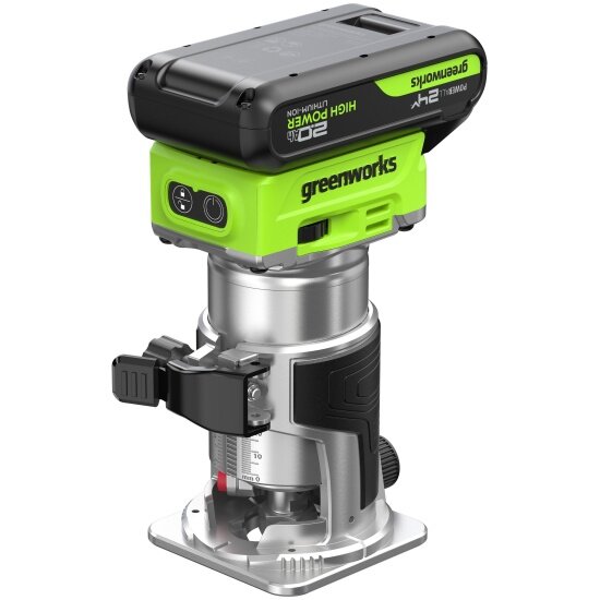 Аккумуляторный кромочный фрезер Greenworks G24RO, 24V, б/щет, 10000-30000 об/мин, цанги 6 / 6,35 / 8 мм, ход 20 мм,1х2Ач, ЗУ, кор (3502507CUA)