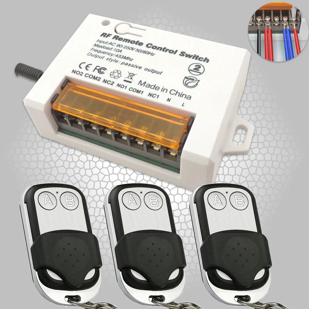 RF Remote Control Switch 433 МГц, 2 канала, 220 В, Цвет: 1 receiver 3 remotes