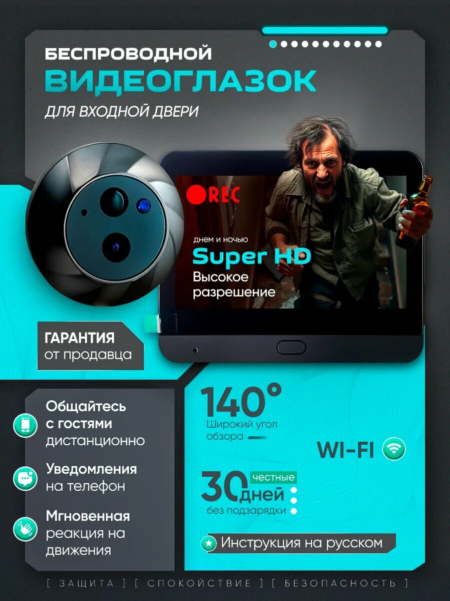 Видеоглазок для входной двери с датчиком движения и запись, 3 мегапикселя, с картой памяти 64 Гб,1920x1080, 4.3'