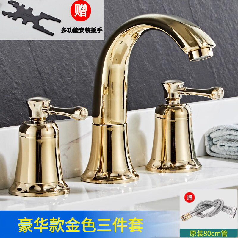 Европейский стиль золотой полностью медный вращающийся трехотверстный смеситель для раковины, трехкомпонентный набор, разделенный двойной ручкой, двойное управление горячей и холодной водой