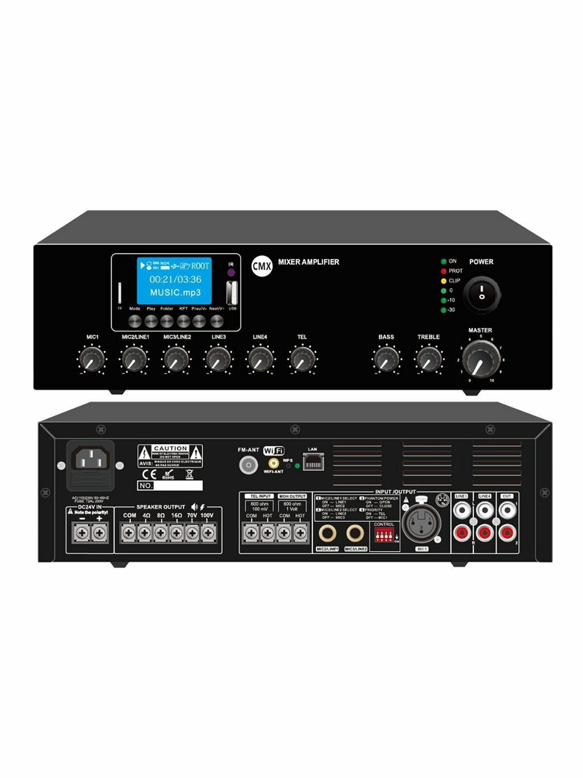 Трансляционный микшер-усилитель музыкальный CMX Audio EA-60W 60Вт, USB/SD Mp3 плеер, FM тюнер, Wi-Fi интернет стрим, Bluetooth, 3 Mic, 2 line, 70В/100В/4-16Ом