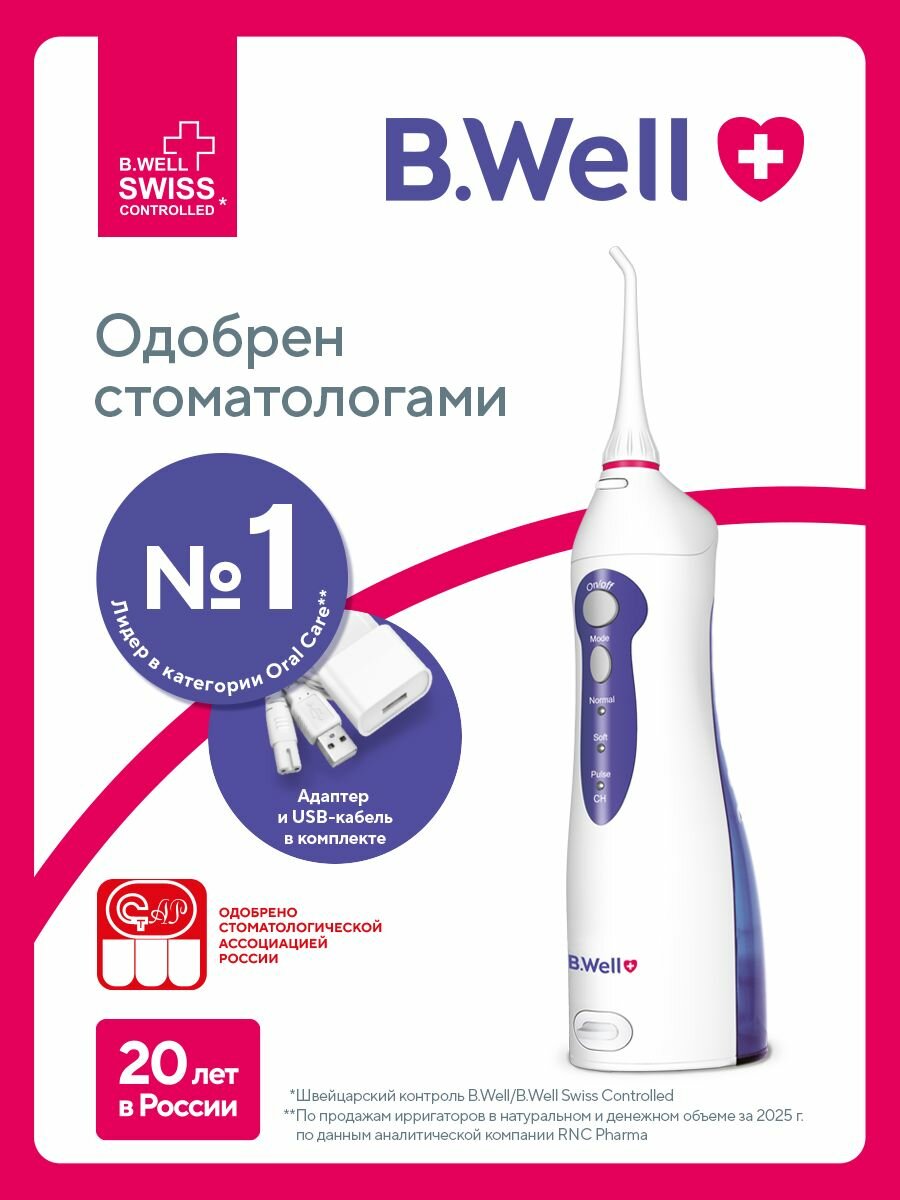 Портативный ирригатор для полости рта B.Well WI-911 с адаптером, 3 режима работы