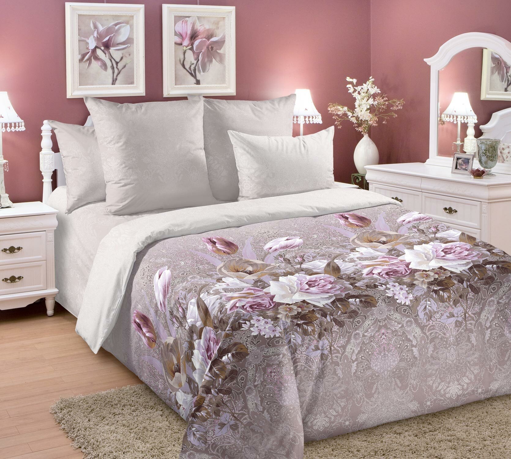 Постельное белье Евростандарт Сатин (4 наволочки) "Букет чувств 2 розовый" арт 4239Н (цветы)