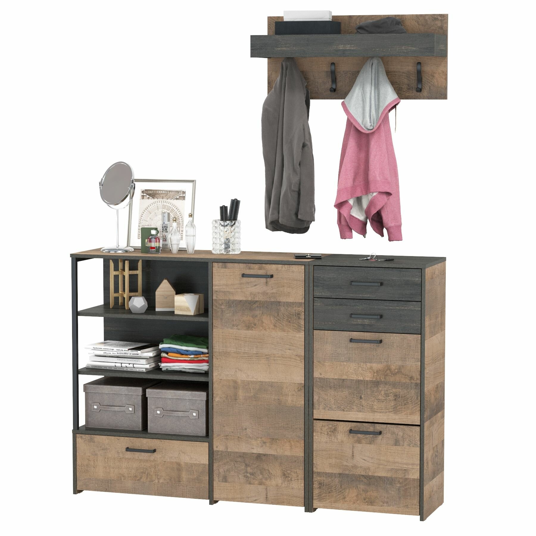 Комод с тумбой для обуви с ящиками и вешалкой для верхней одежды Трувор, цвет дуб гранж песочный/интра 159х37х195 см.