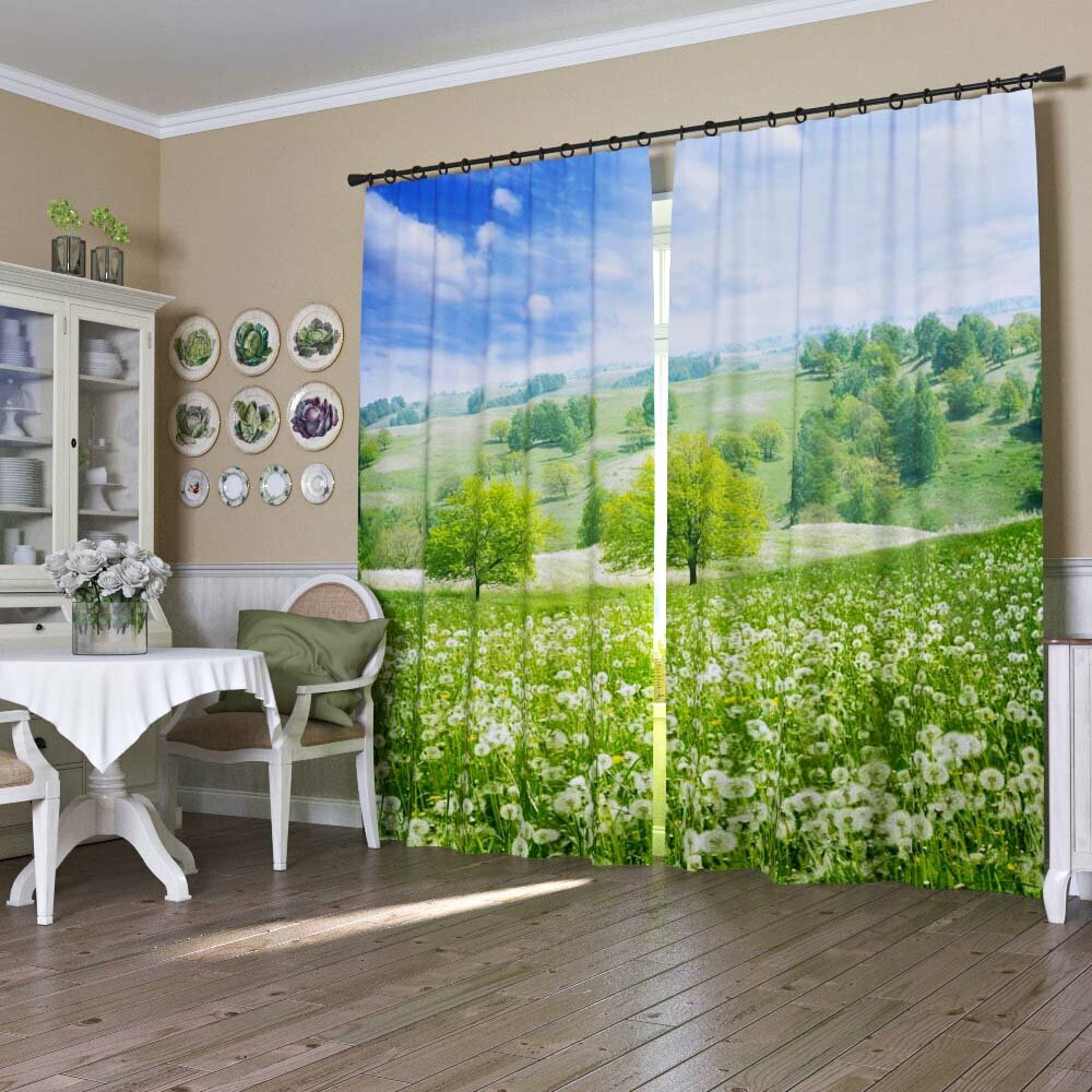 Шторы для гостиной спальни детской комнаты Фотошторы комплект Весенний пейзаж Ш150xВ180 см. 2шт. Габардин на тесьме