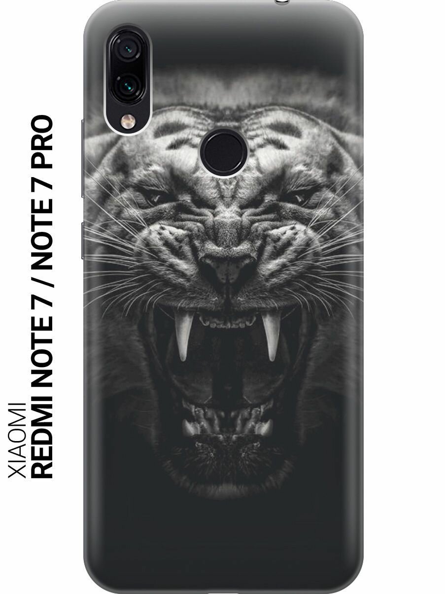 Силиконовый чехол на Xiaomi Redmi Note 7, Note 7 Pro, Сяоми Редми Ноут 7, Ноут 7 Про с принтом "Оскал тигра"