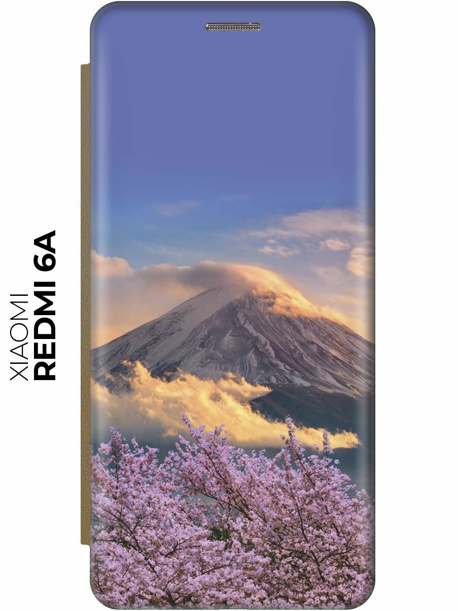 Чехол-книжка Сакура и горы на Xiaomi Redmi 6A / Сяоми Редми 6А золотой