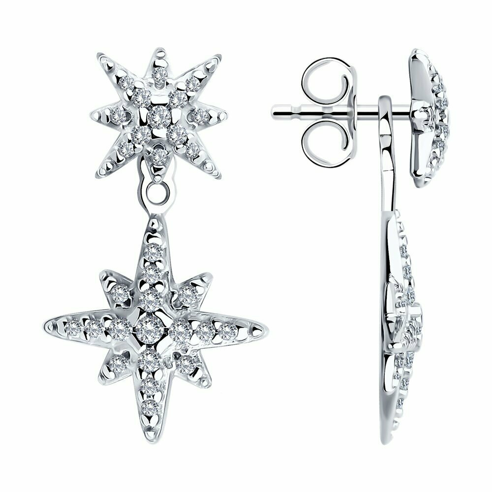 Серьги пусеты, серебро, 925 проба, родирование, фианит