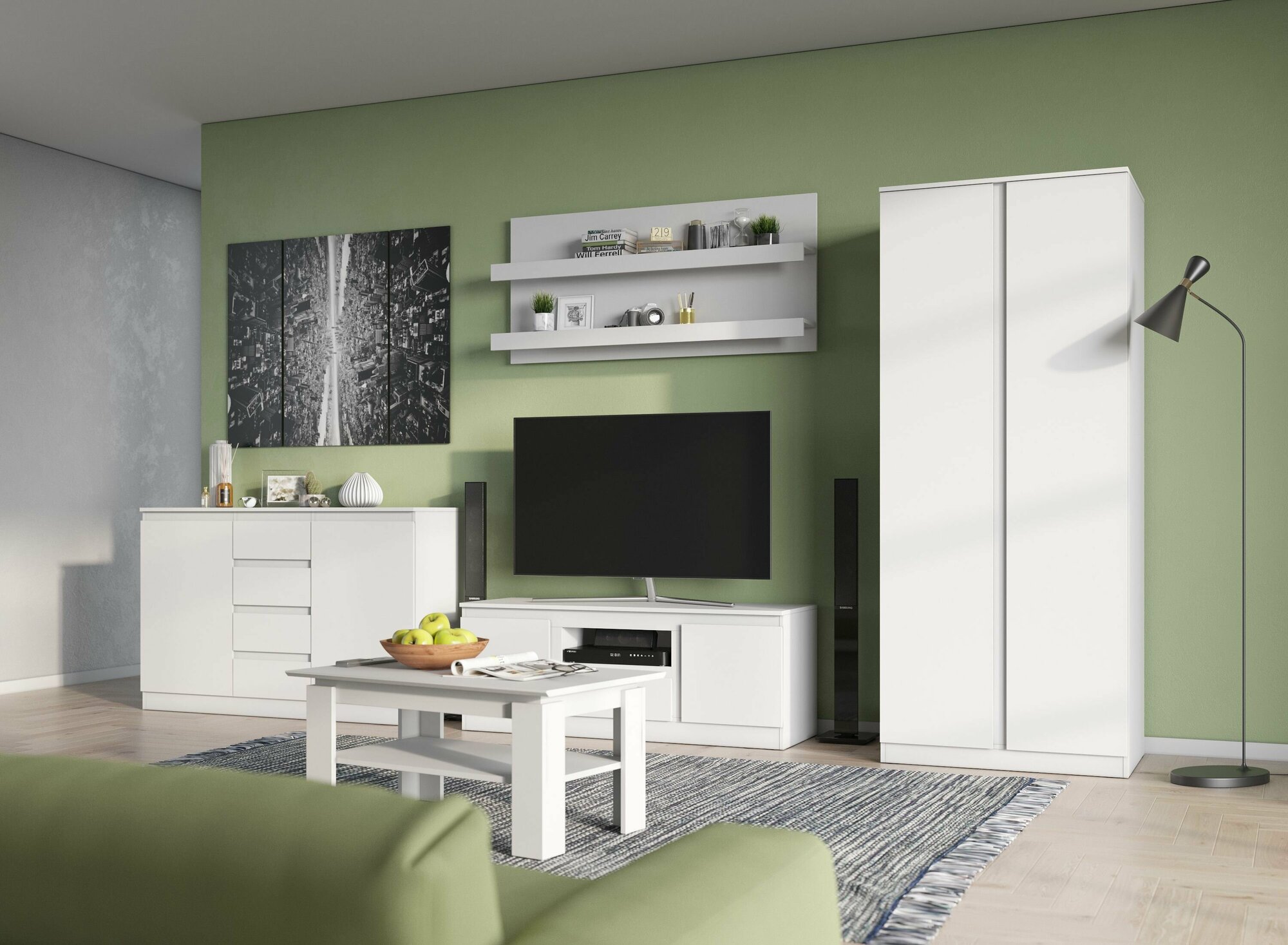 Комплект мебели в гостинную, модульная стенка НК-Мебель, гостиная Stern 1, Белый, (ШхВхГ): 358х200х58 см