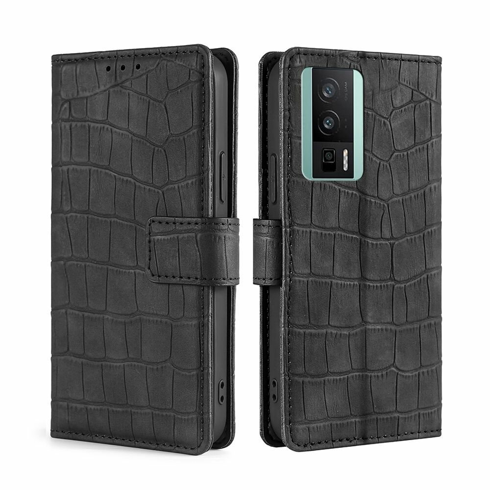 Чехол-книжка MyPads для Xiaomi Redmi K60 / K60 Pro / Poco F5 Pro / Сяоми Редми K60/K60 Про/Поко F5 Про черный крокодиловая кожа