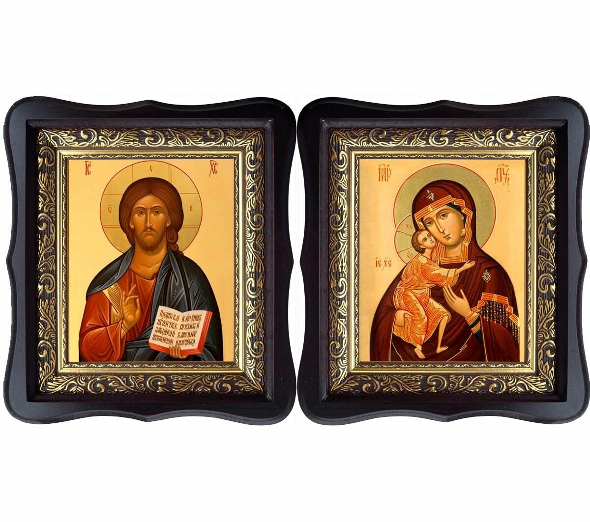 Феодоровская Богородица и Христос благославляющий. Венчальная пара. Иконы на холсте. (15 х 18 см / В фигурном киоте)