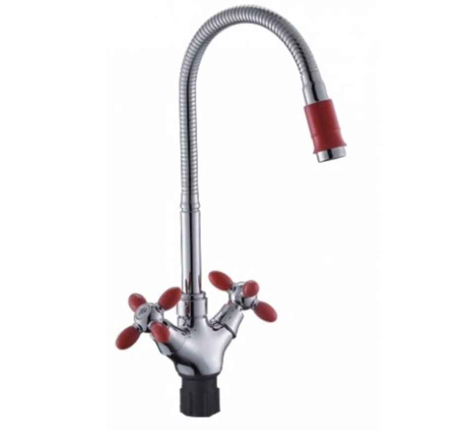 Эверест В58-071С, Смеситель для кухни с высоким гибким изливом, гайка, хром/красный